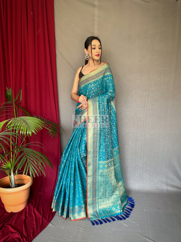 Firoji color patola silk saree with woven design