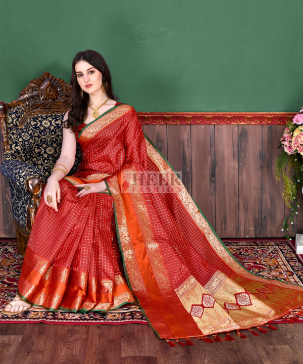 Red color cotton silk saree with zari weaving work