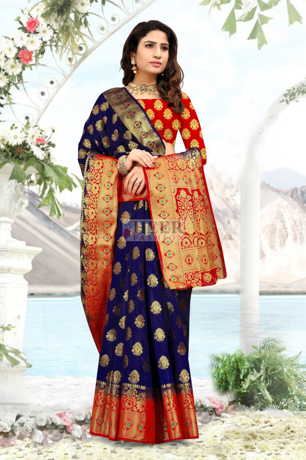 Navy blue color banarasi silk saree with zari woven work