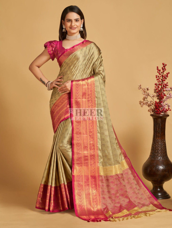 Beige color cotton silk saree with woven design