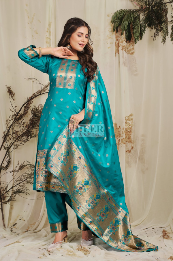 Firoji color paithani silk unstitched dress