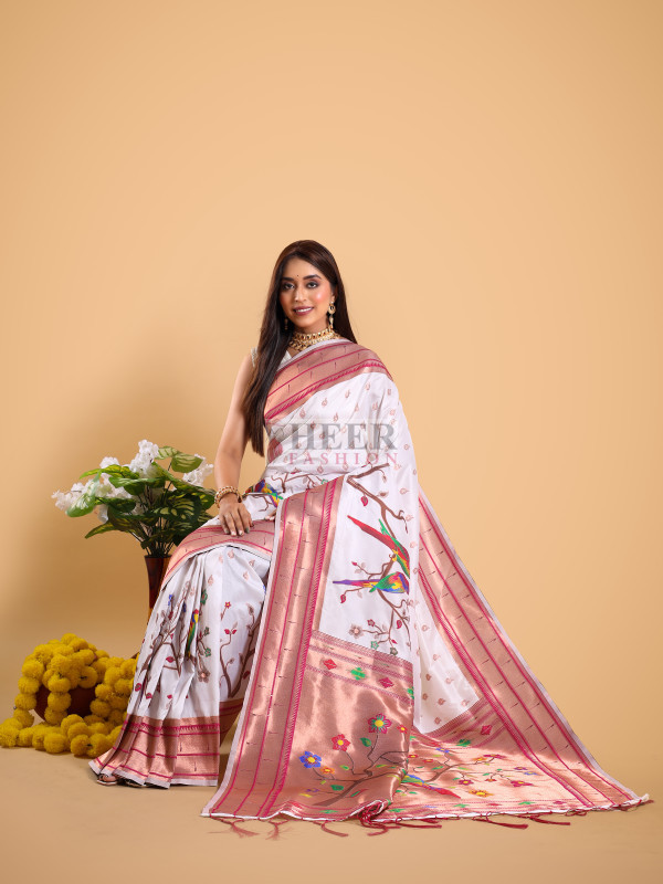 White color paithani silk saree with zari weaving work