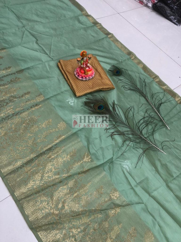 Rama green color soft assam silk saree with zari weaving work