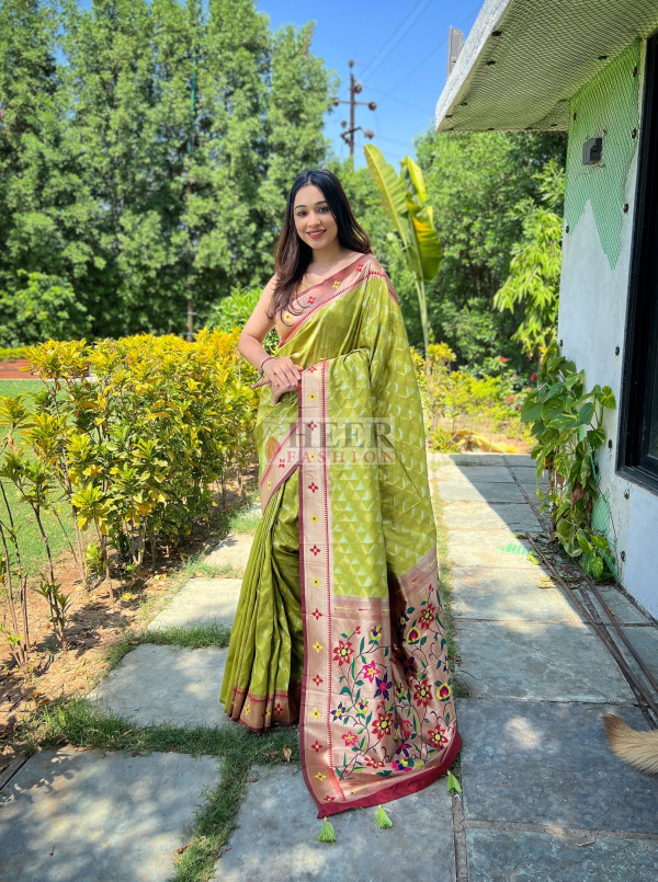 Mahendi green color paithani silk saree with zari weaving work