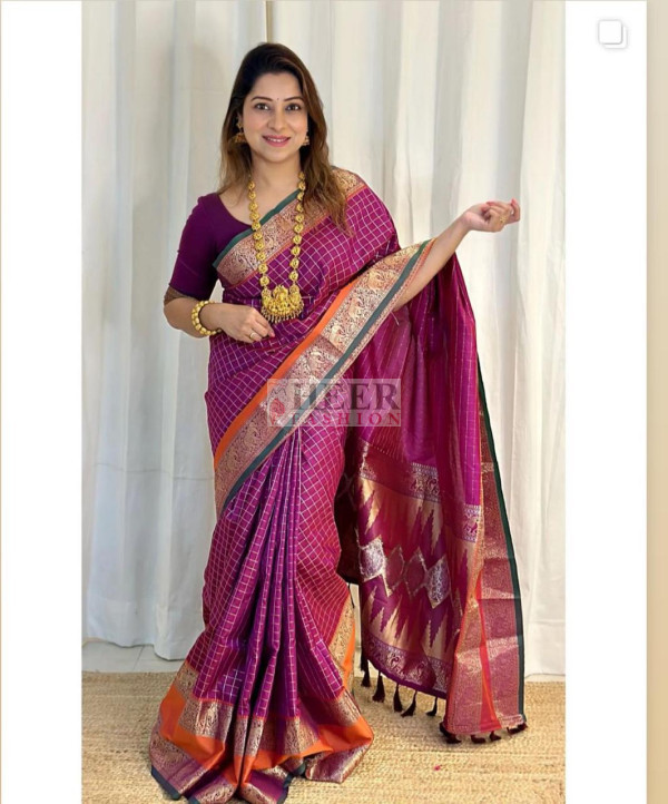 Magenta color cotton silk saree with zari weaving work