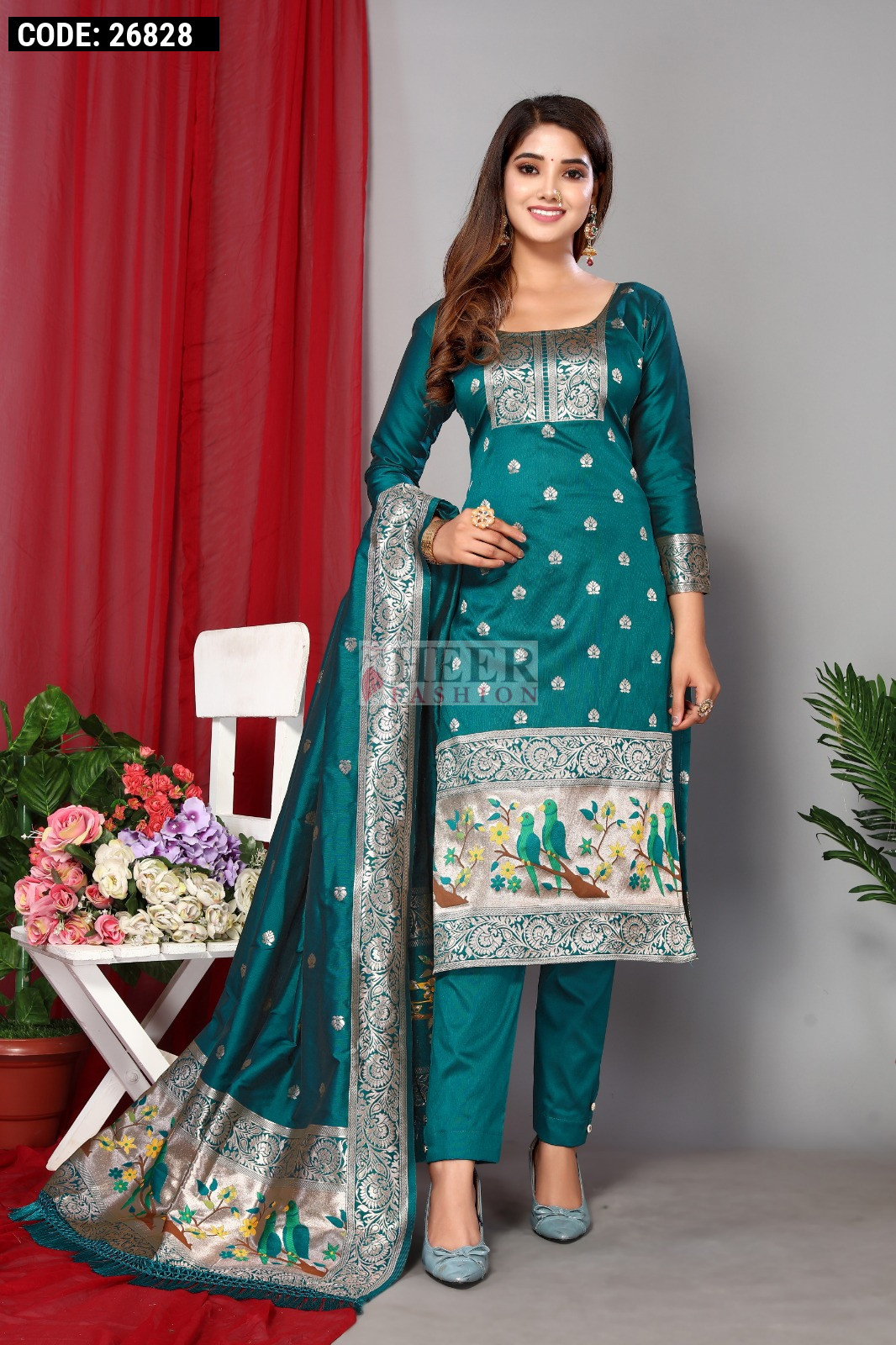 Rama green color paithani silk unstitched dress