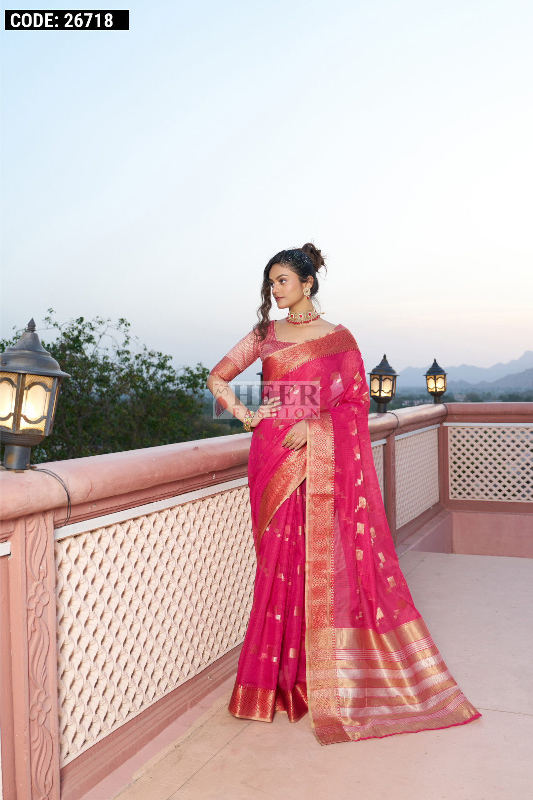 Rani pink color kota doriya saree with zari weaving work