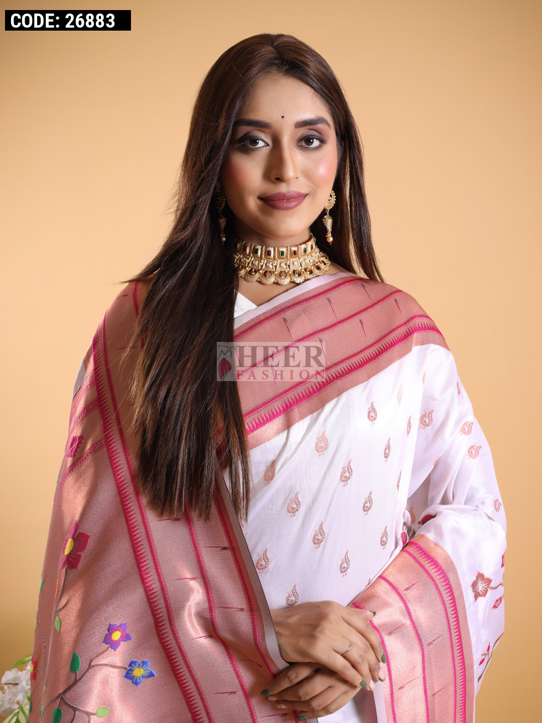 White color paithani silk saree with zari weaving work