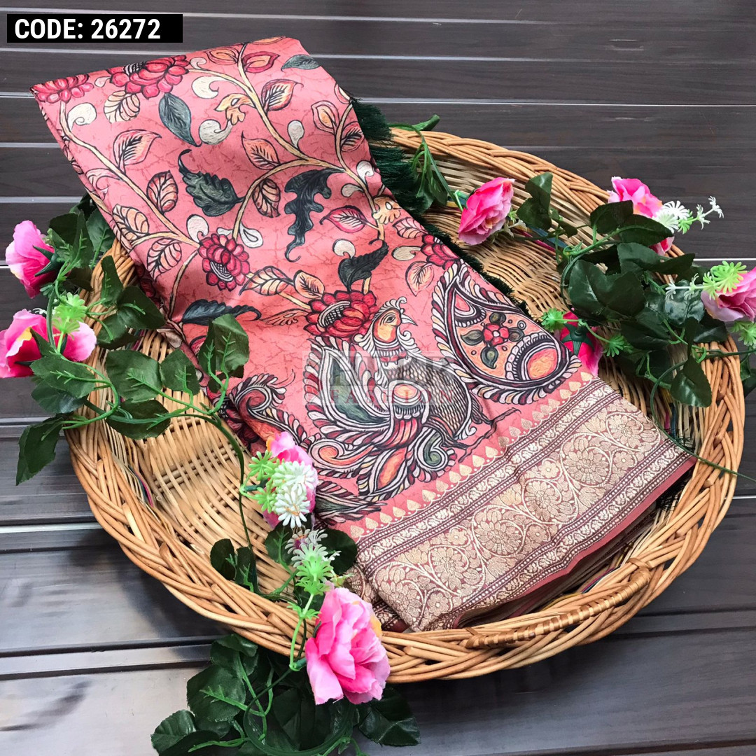 Peach color soft cotton silk saree with digital printed work