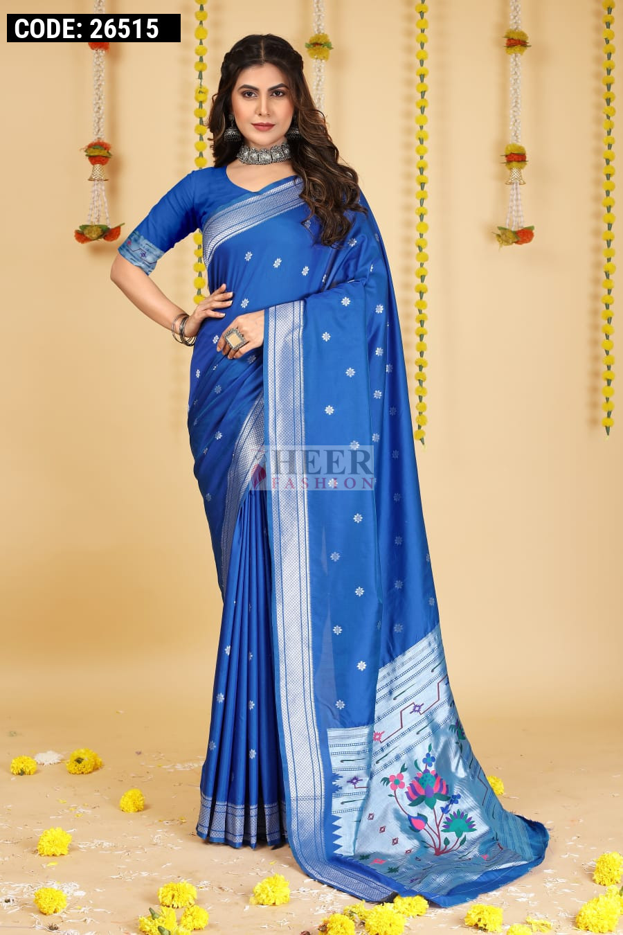 Blue color paithani silk saree with meenakari zari weaving work