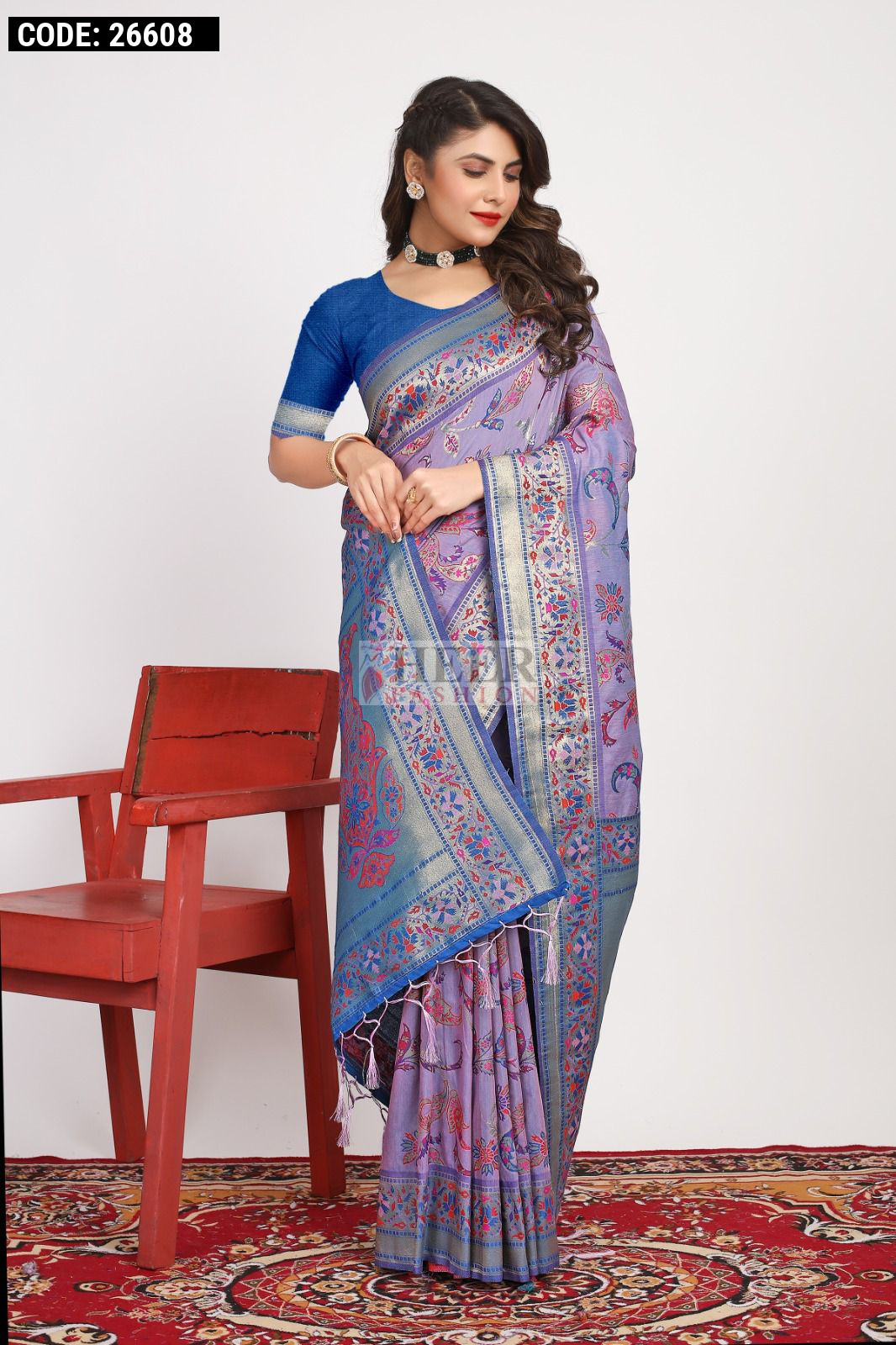 Lavender color cotton silk saree with woven design