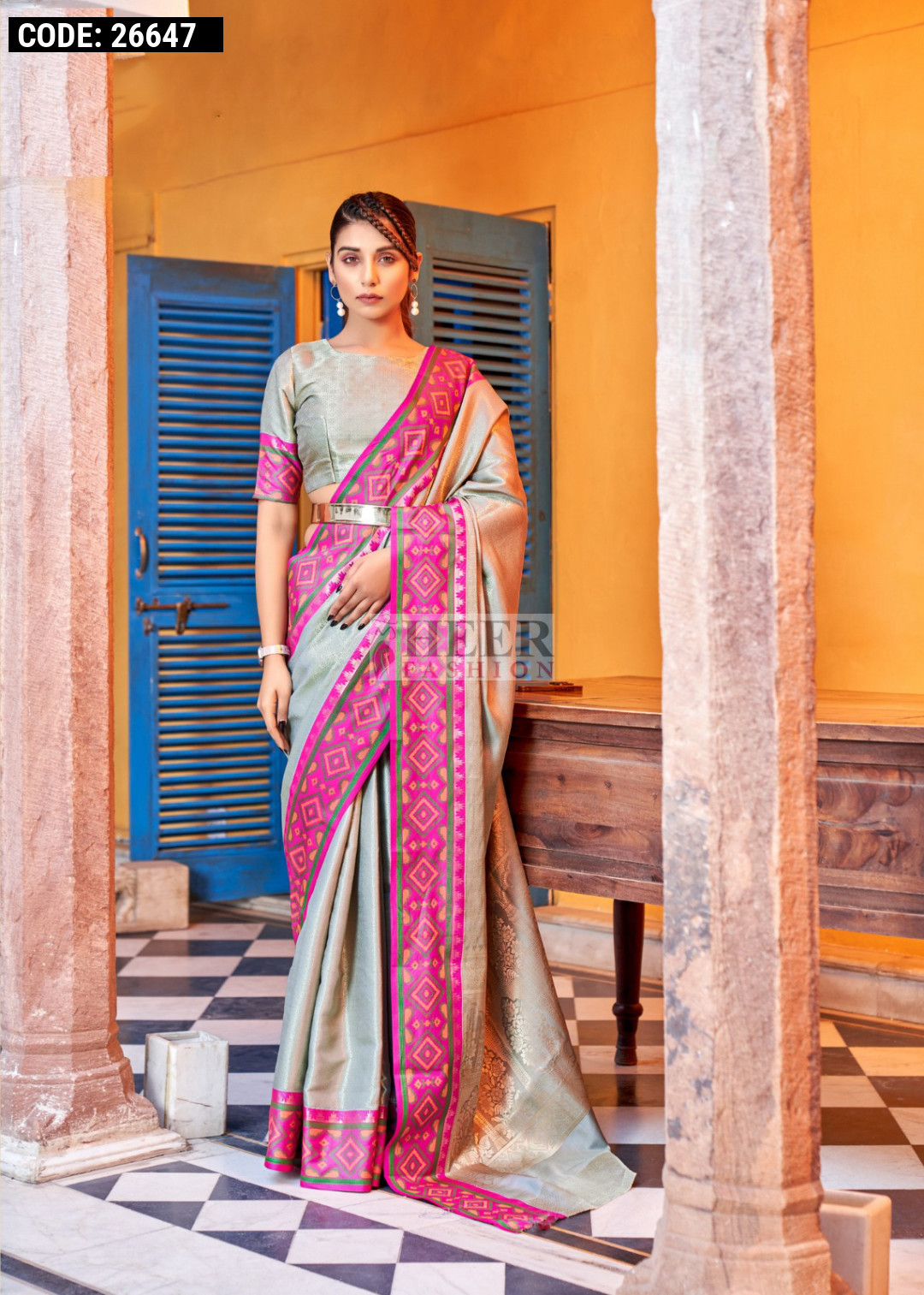 Gray color kanchipuram silk saree with zari weaving work