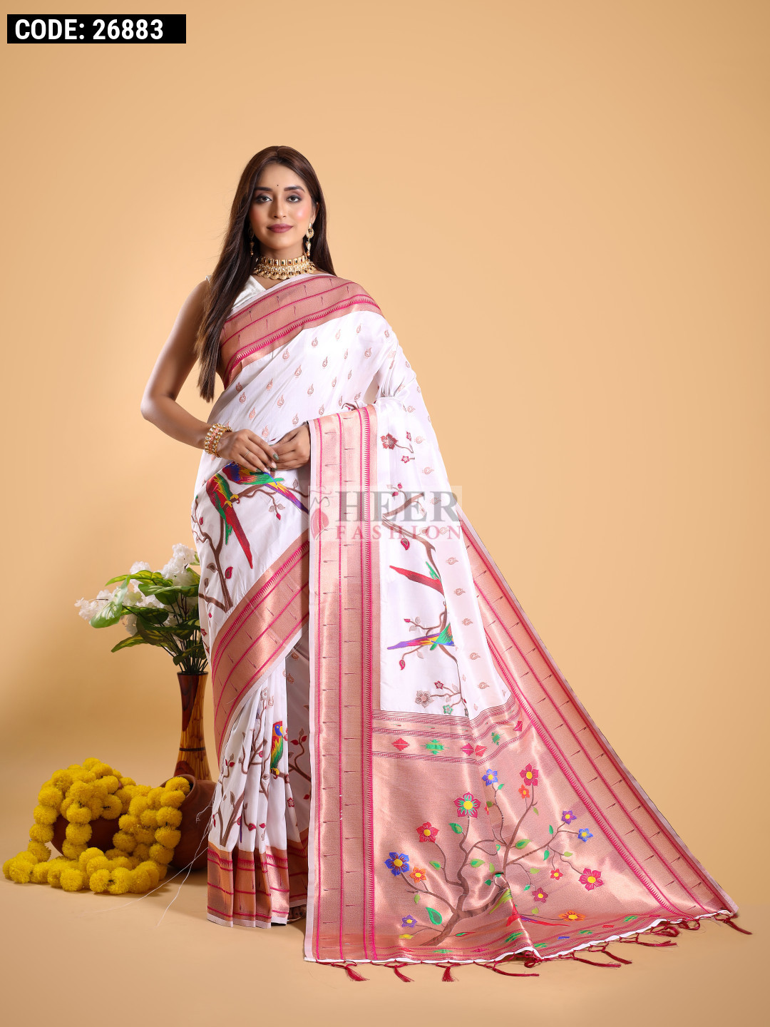 White color paithani silk saree with zari weaving work