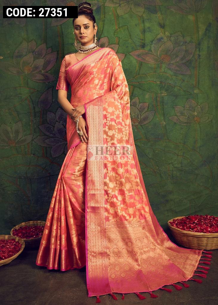 Gajari color banarasi silk saree with zari weaving work