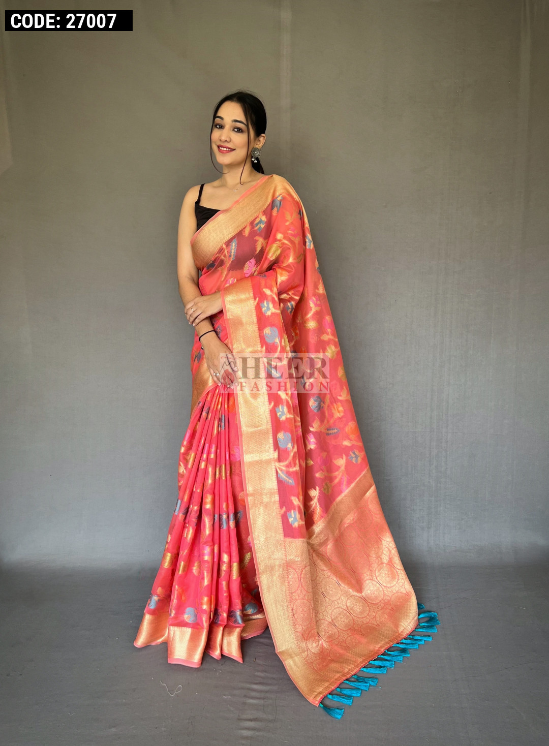 Gajari color Linen silk saree with woven design