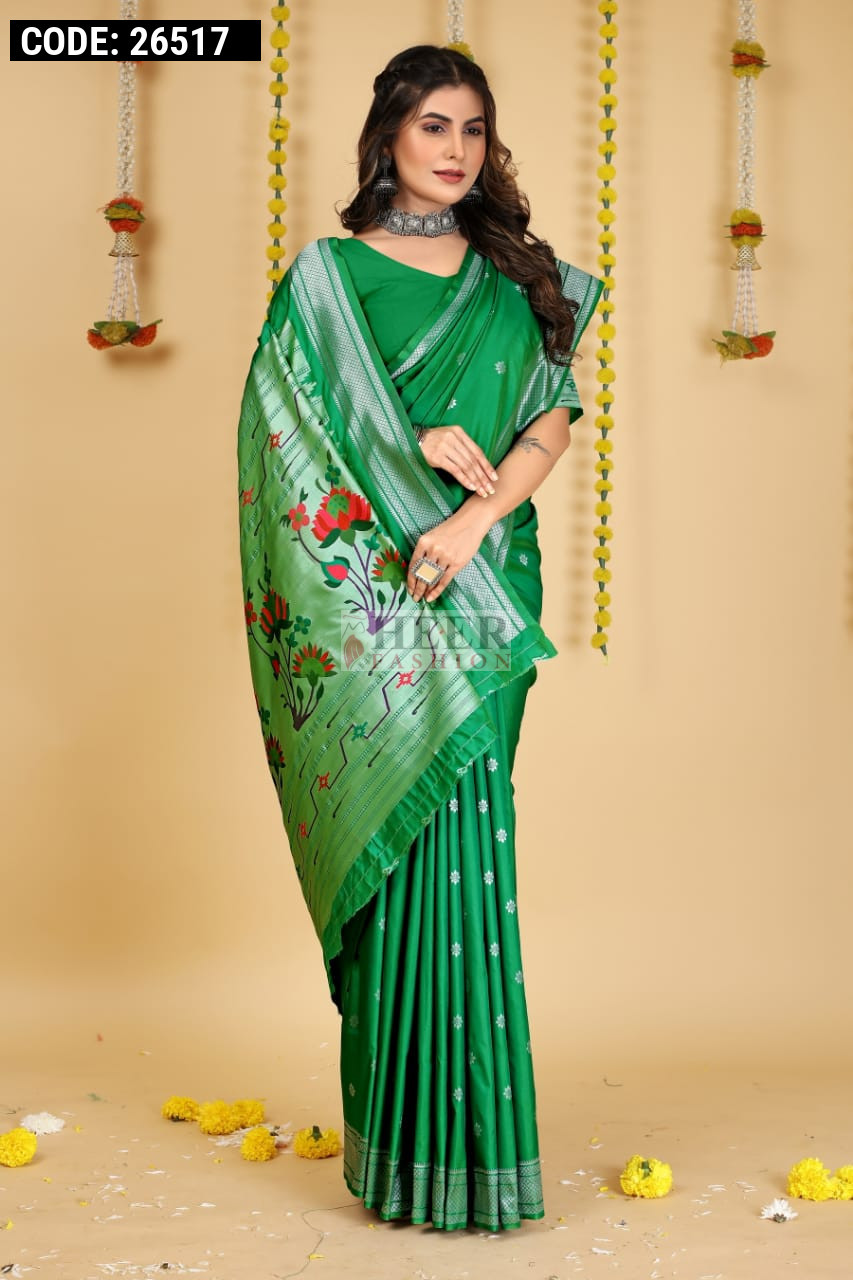 Green color paithani silk saree with meenakari zari weaving work
