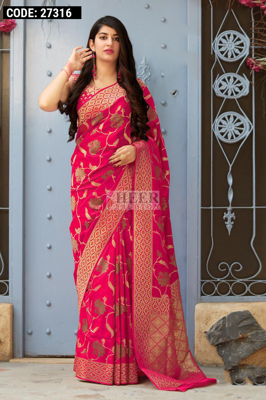 Gajari color soft banarasi silk saree with zari weaving work