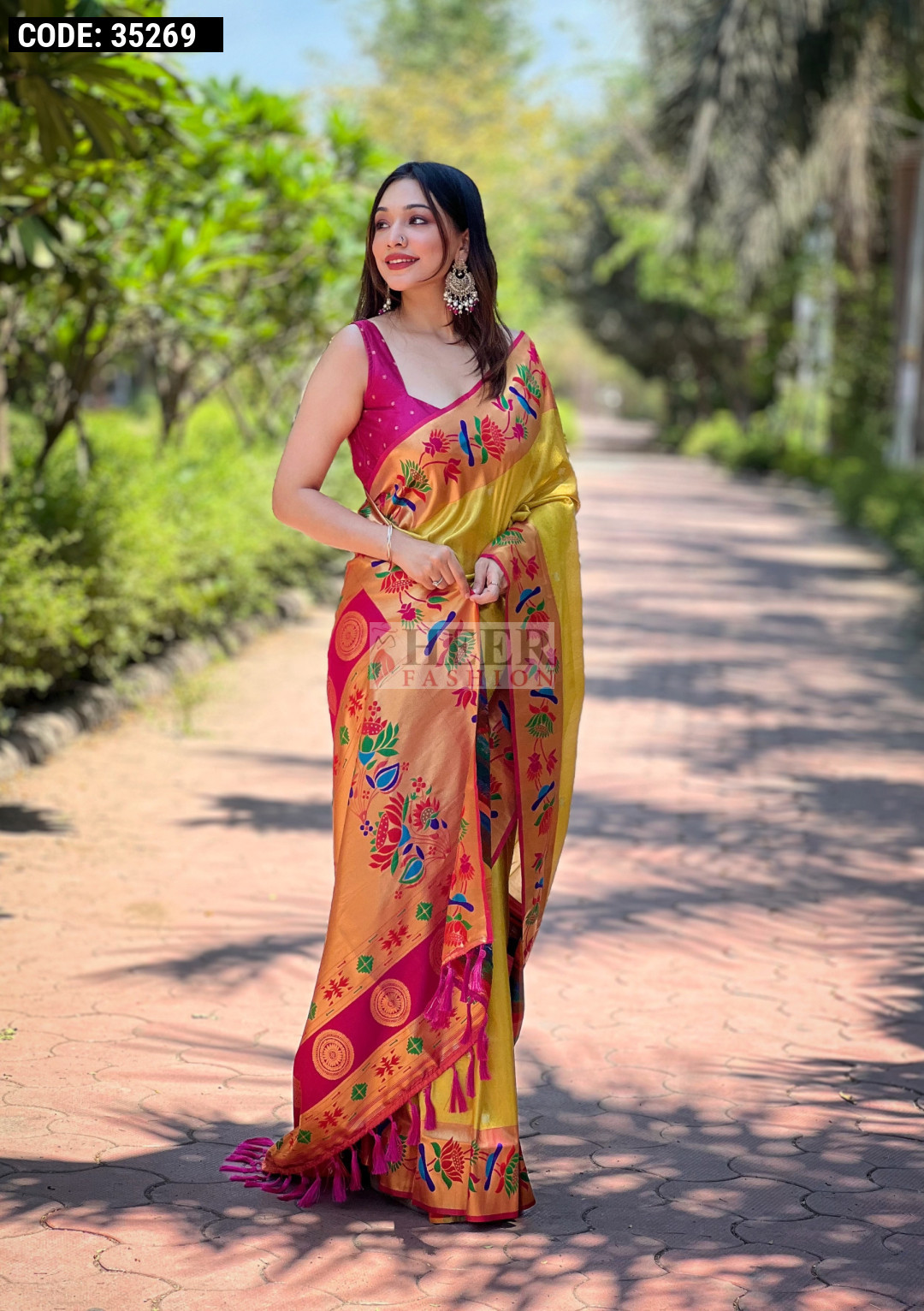 Yellow color soft tissue paithani silk saree with zari weaving work