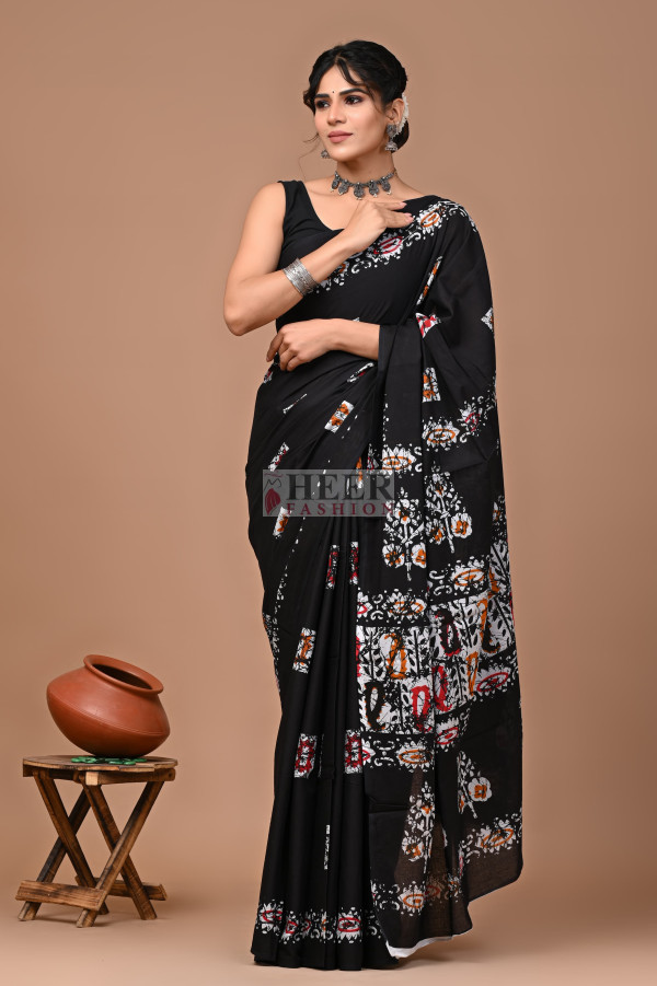 Black pure mulmul cotton saree with bagru hand block printed work