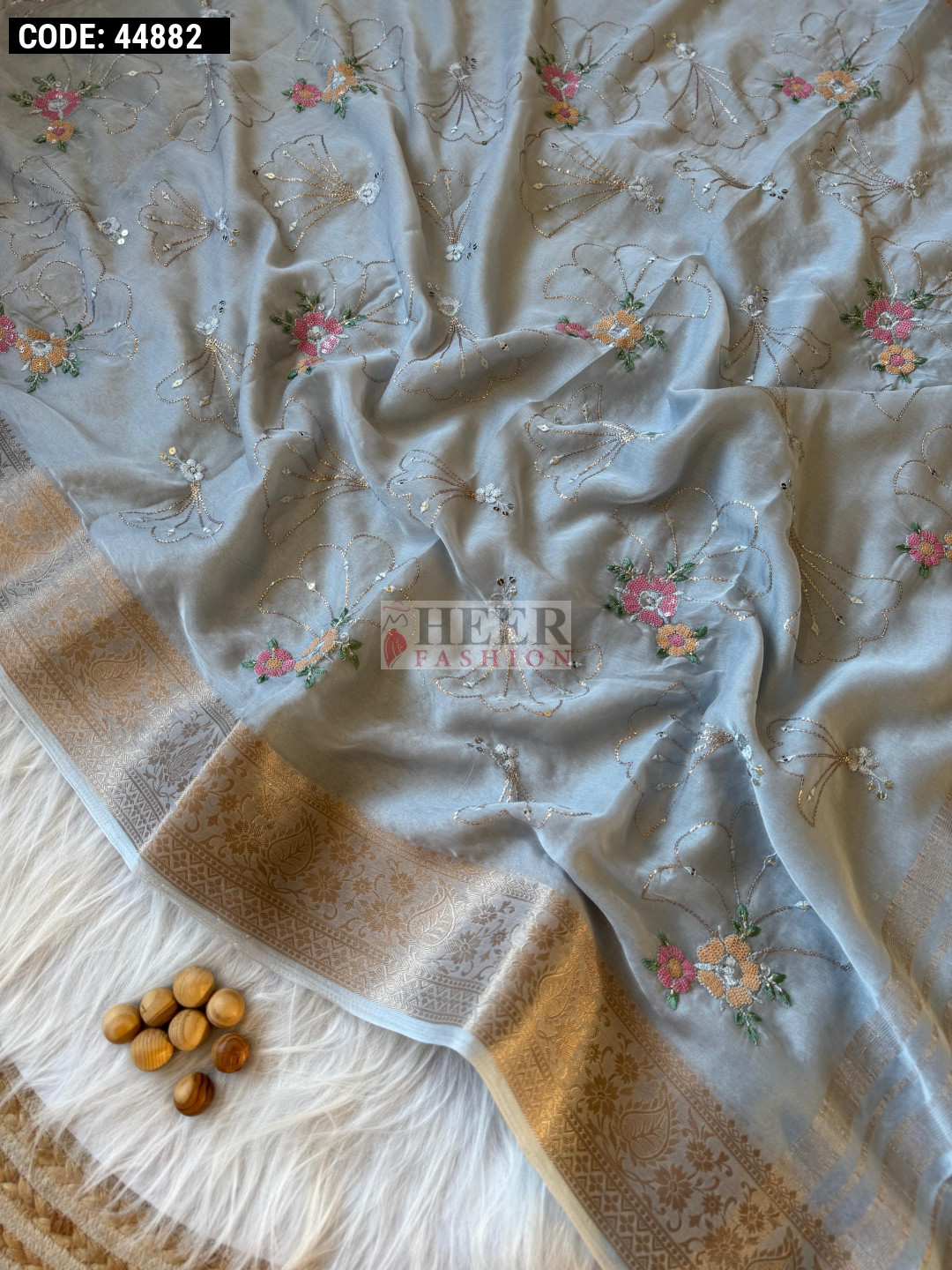 Gray viscose chiffon silk saree with sequence & embroidery work