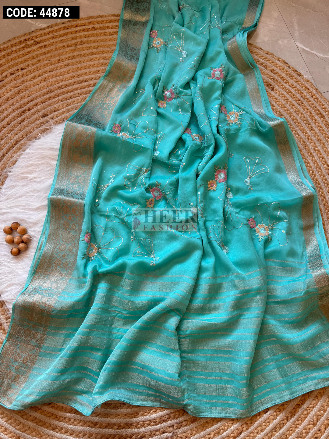 Firoji viscose chiffon silk saree with sequence & embroidery work