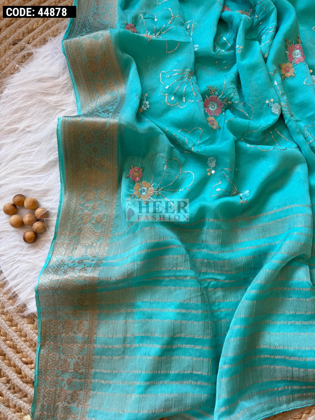 Firoji viscose chiffon silk saree with sequence & embroidery work