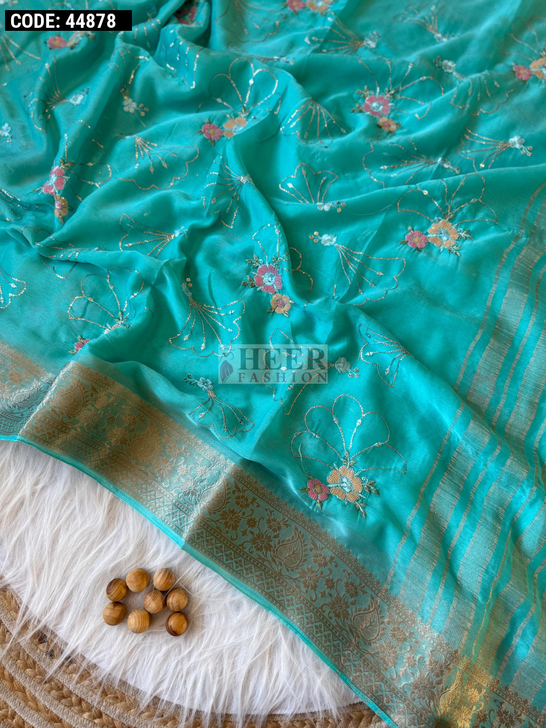Firoji viscose chiffon silk saree with sequence & embroidery work