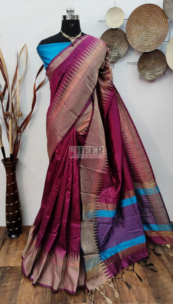 Magenta color raw silk weaving saree with temple woven border
