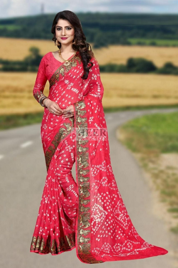 Gajari color soft bandhani saree with hand bandhej print
