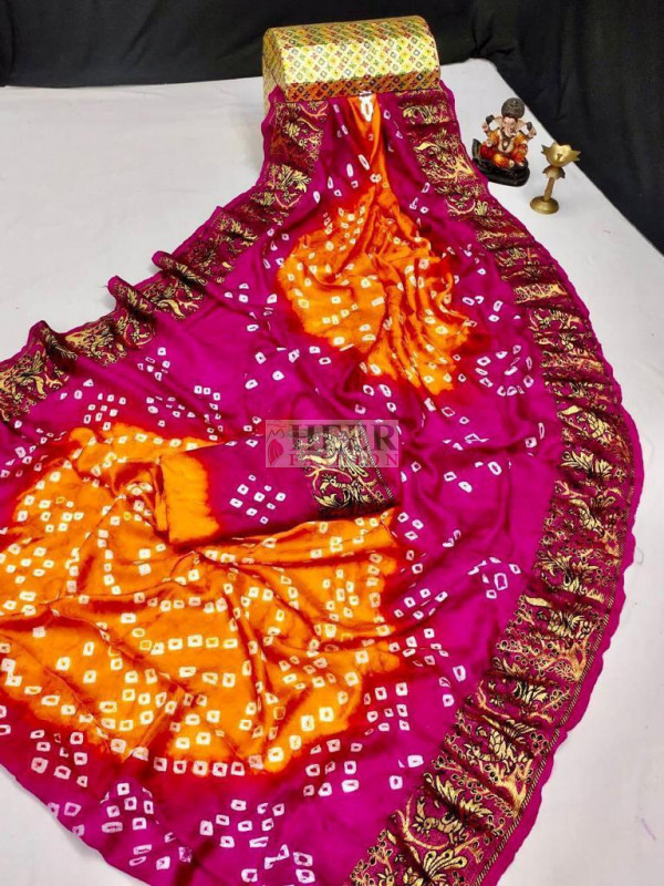 Multi color pure hand bandhej bandhani saree with weaving work