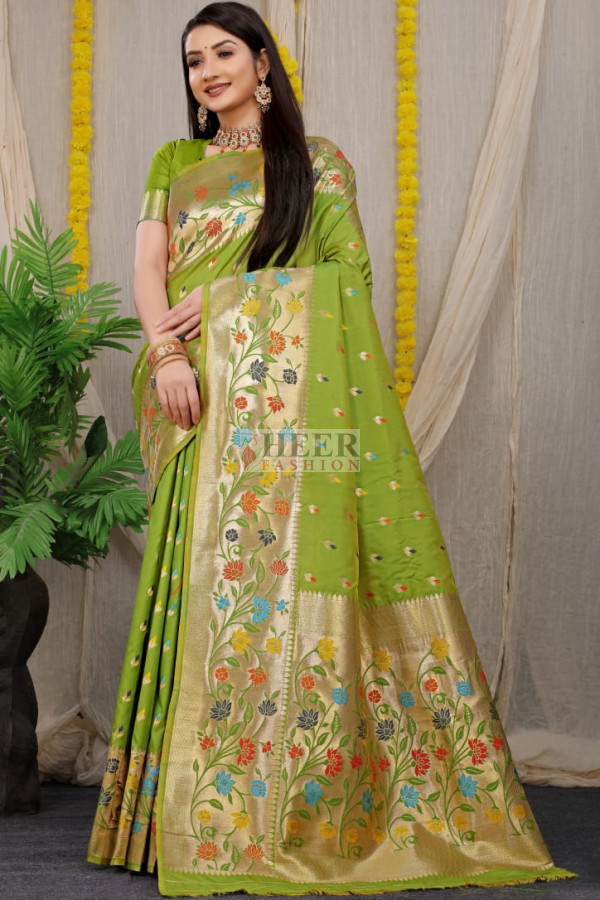 Mehndi green color soft kanchipuram silk saree with zari work