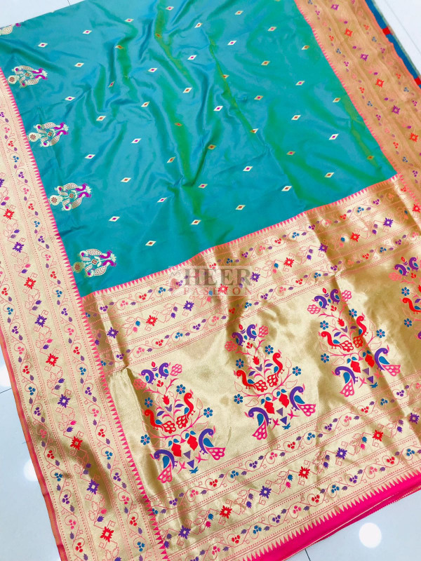 Firoji color paithani silk saree with gold zari weaving work