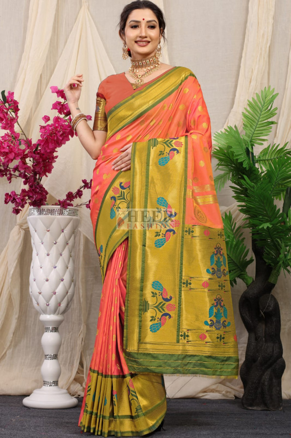 Peach color paithani silk saree with golden zari weaving work