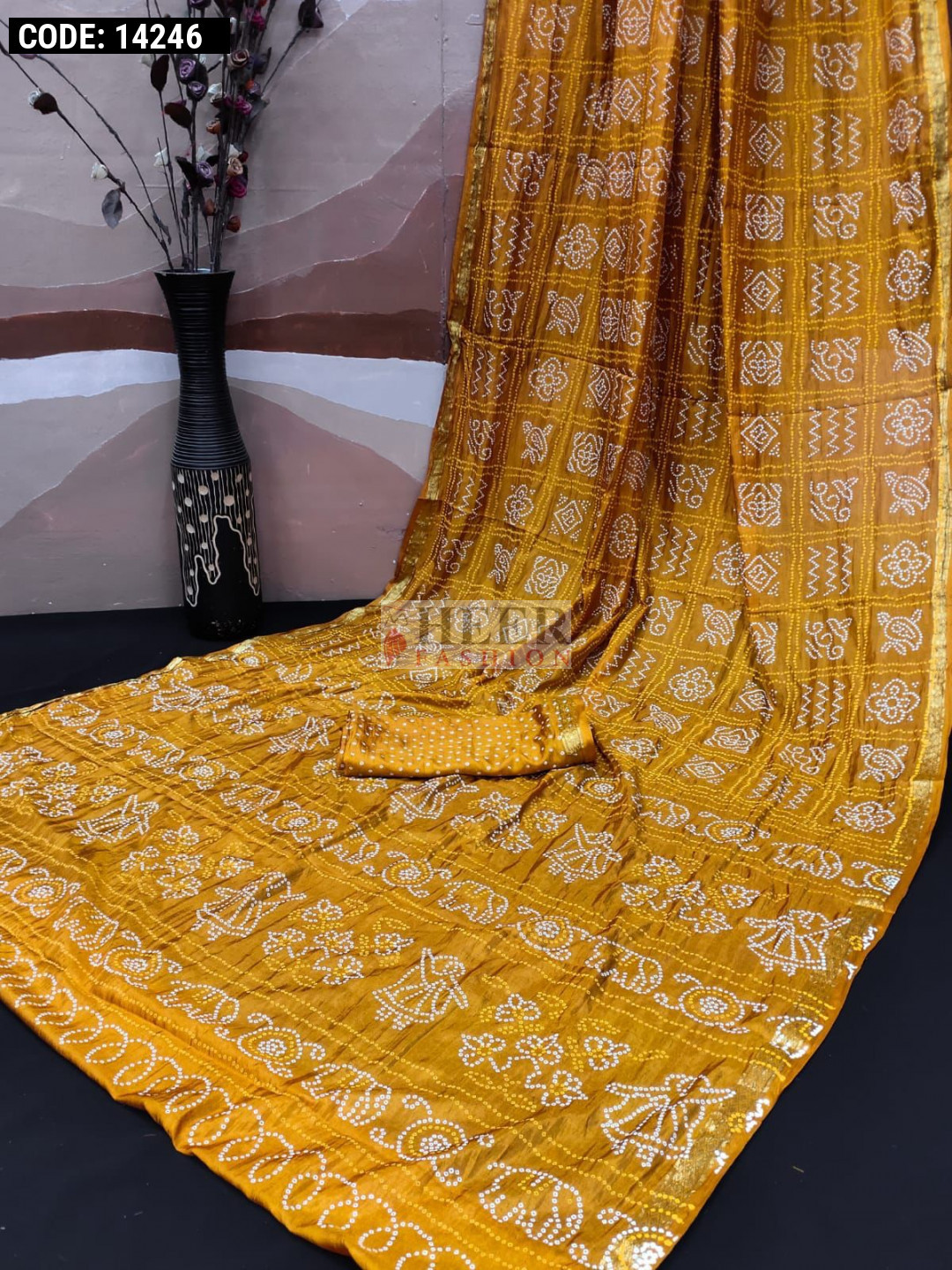 Yellow color soft bandhani silk saree with khadi printed work