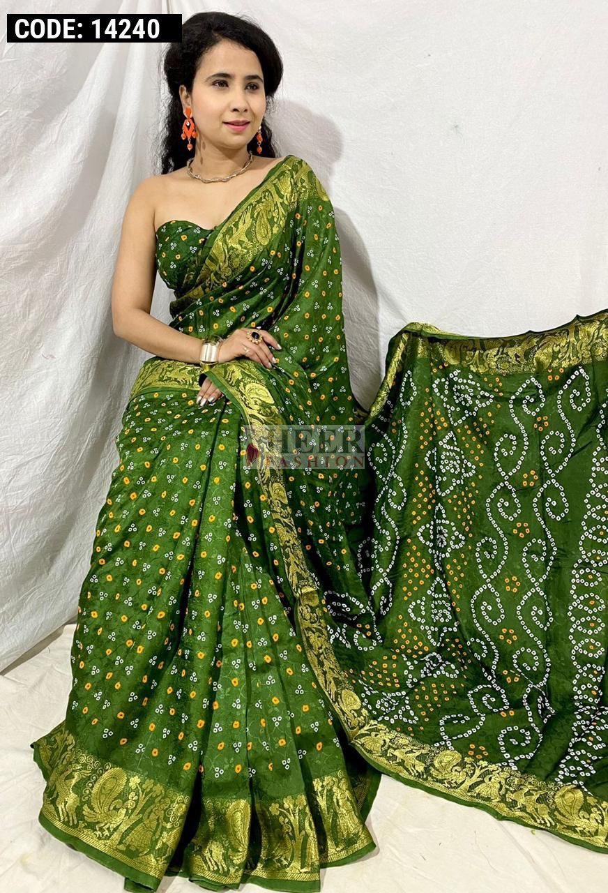 Mehandi green color bandhani silk saree with khadi printed work