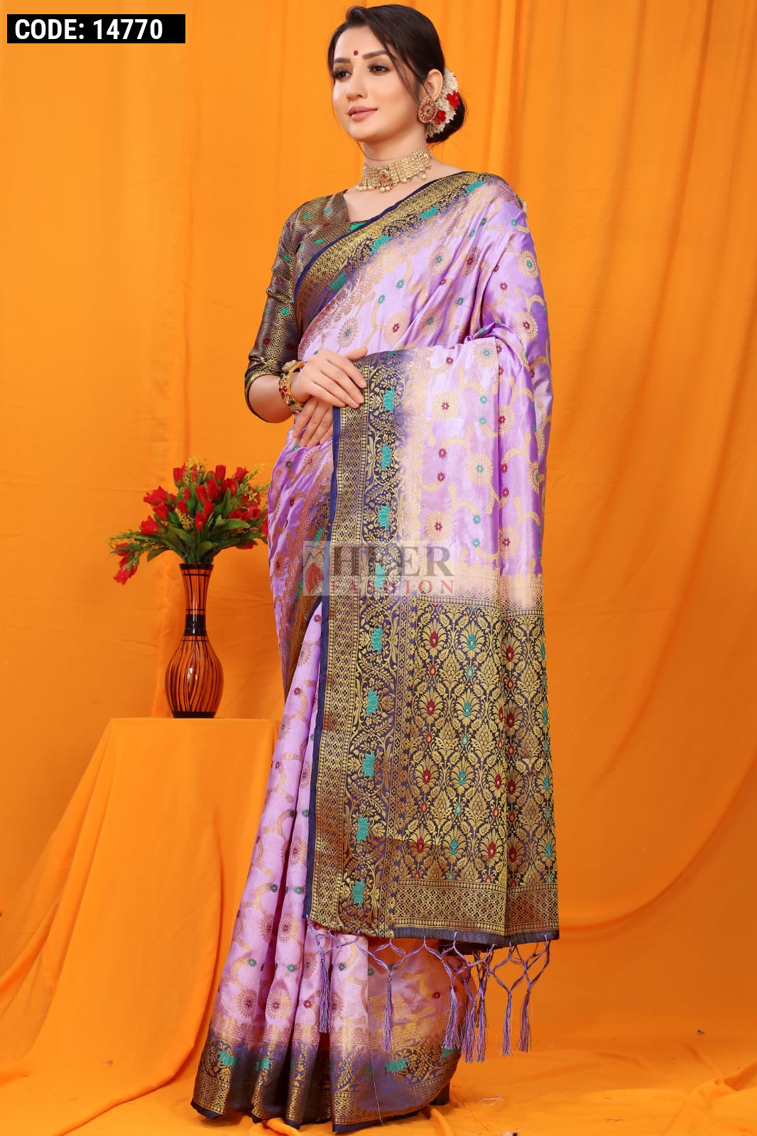 Lavender color balatan silk saree with zari weaving work