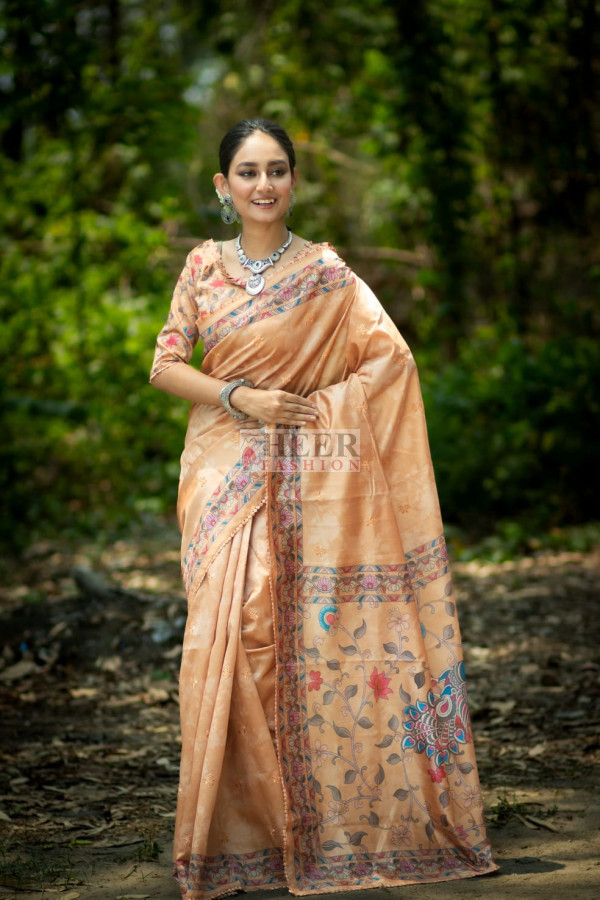 Golden yellow color tussar silk saree with digital printed work
