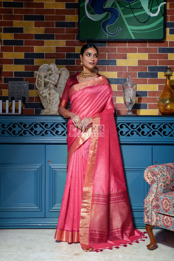 Gajari color tussar silk saree with zari weaving work