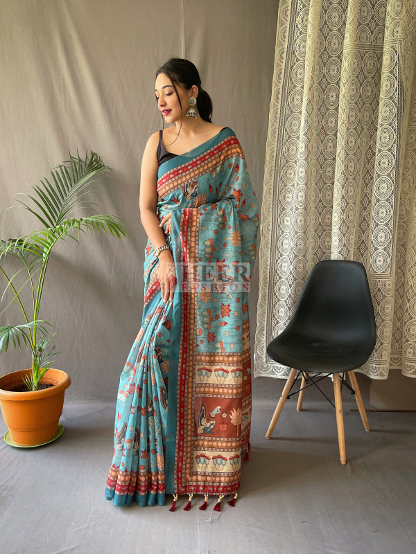 Sea green color pure malai cotton saree with digital printed work