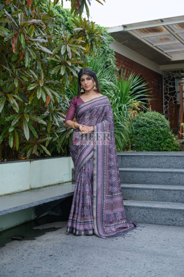 Magenta color tussar silk saree with digital printed work