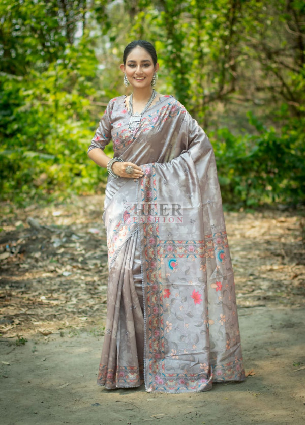 Gray color tussar silk saree with digital printed work