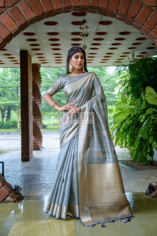 Gray color tussar silk saree with zari weaving work