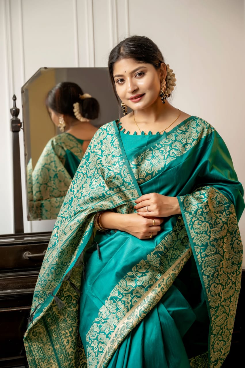Rama green color handloom raw silk saree with woven design