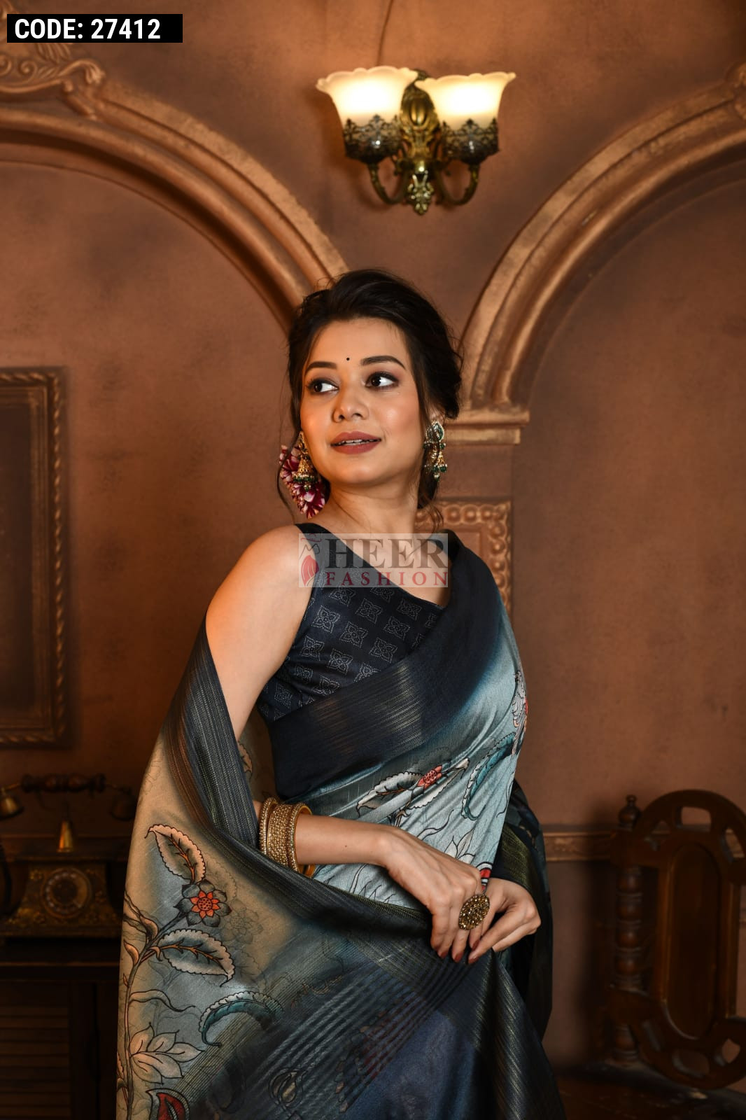 Sea green color tussar silk saree with digital printed work