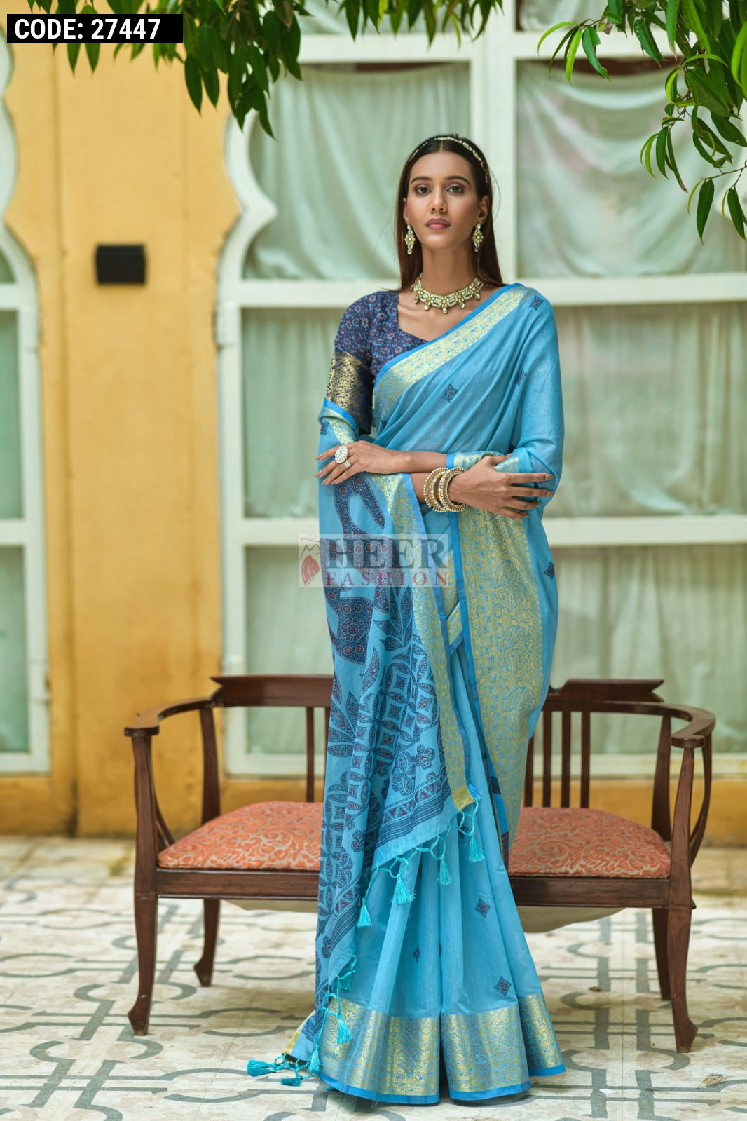 Sky blue color linen silk saree with woven design