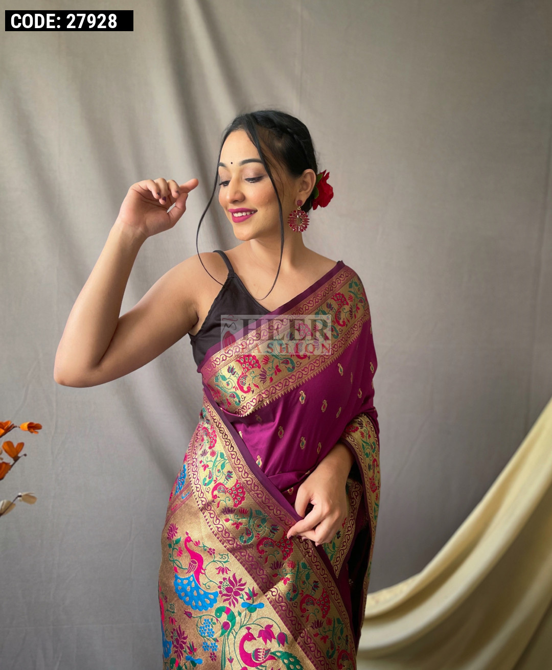Magenta color paithani silk saree with zari weaving work