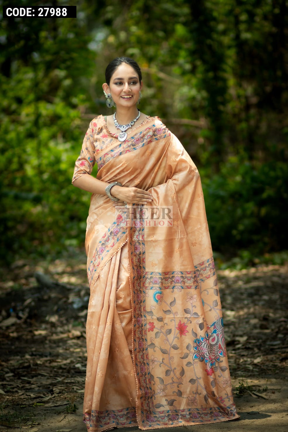 Golden yellow color tussar silk saree with digital printed work