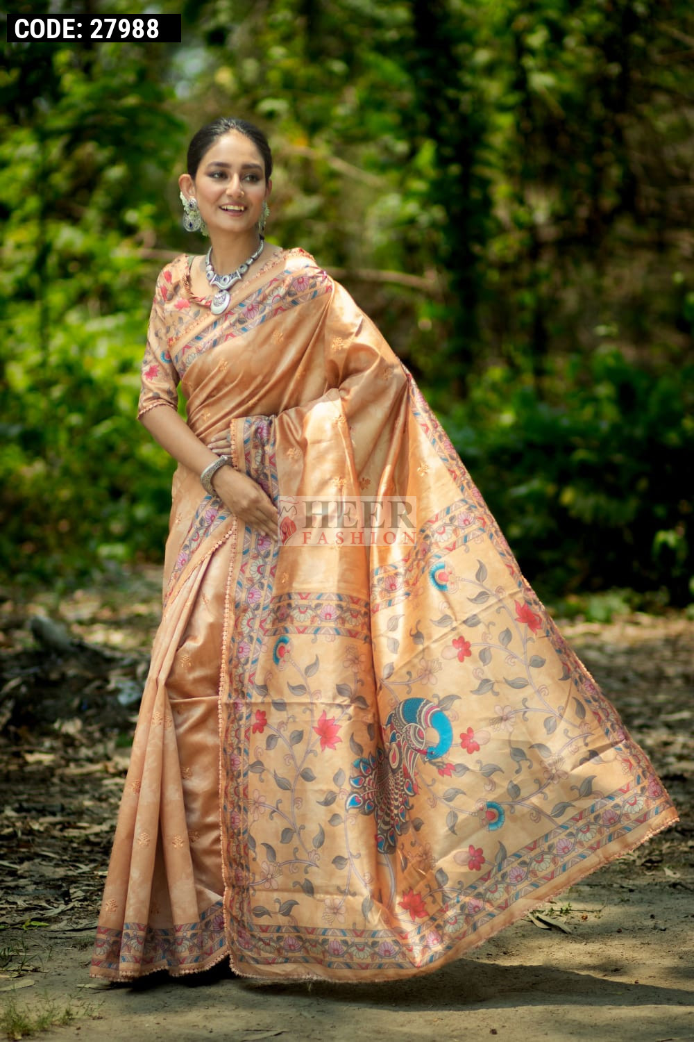 Golden yellow color tussar silk saree with digital printed work
