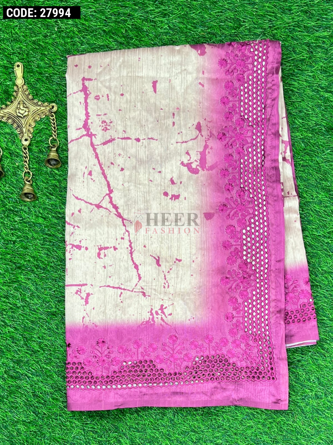 Beige and rani pink color soft tussar silk saree with embroidered cutwork