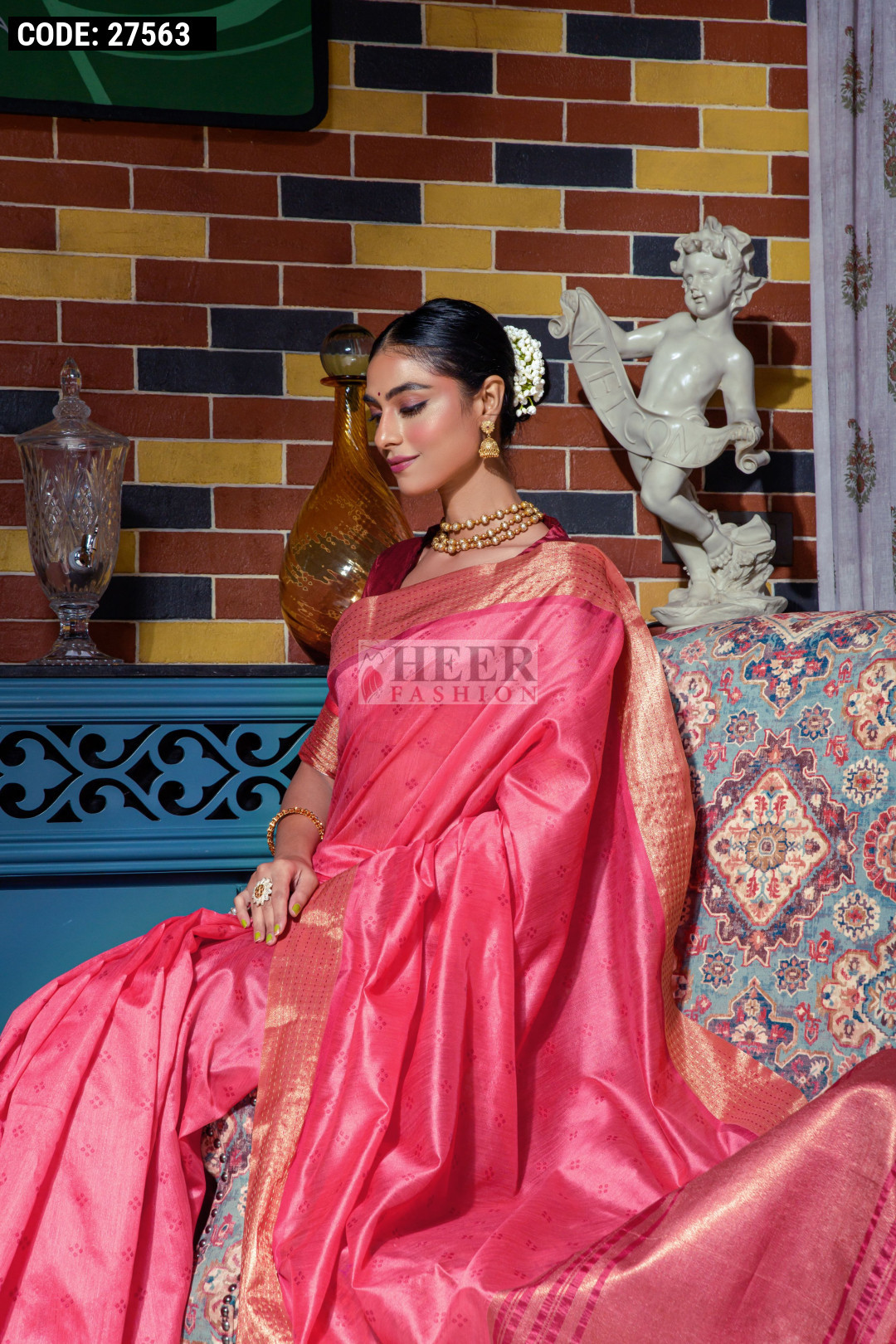 Gajari color tussar silk saree with zari weaving work